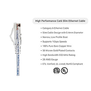 CablesAndKits - Cat6 Slim Snagless 10ft White Ethernet Cable, High-Density PVC Jacket (CM), Pure Copper, RJ45 Computer & Networking Patch Cord - Lifetime Wty