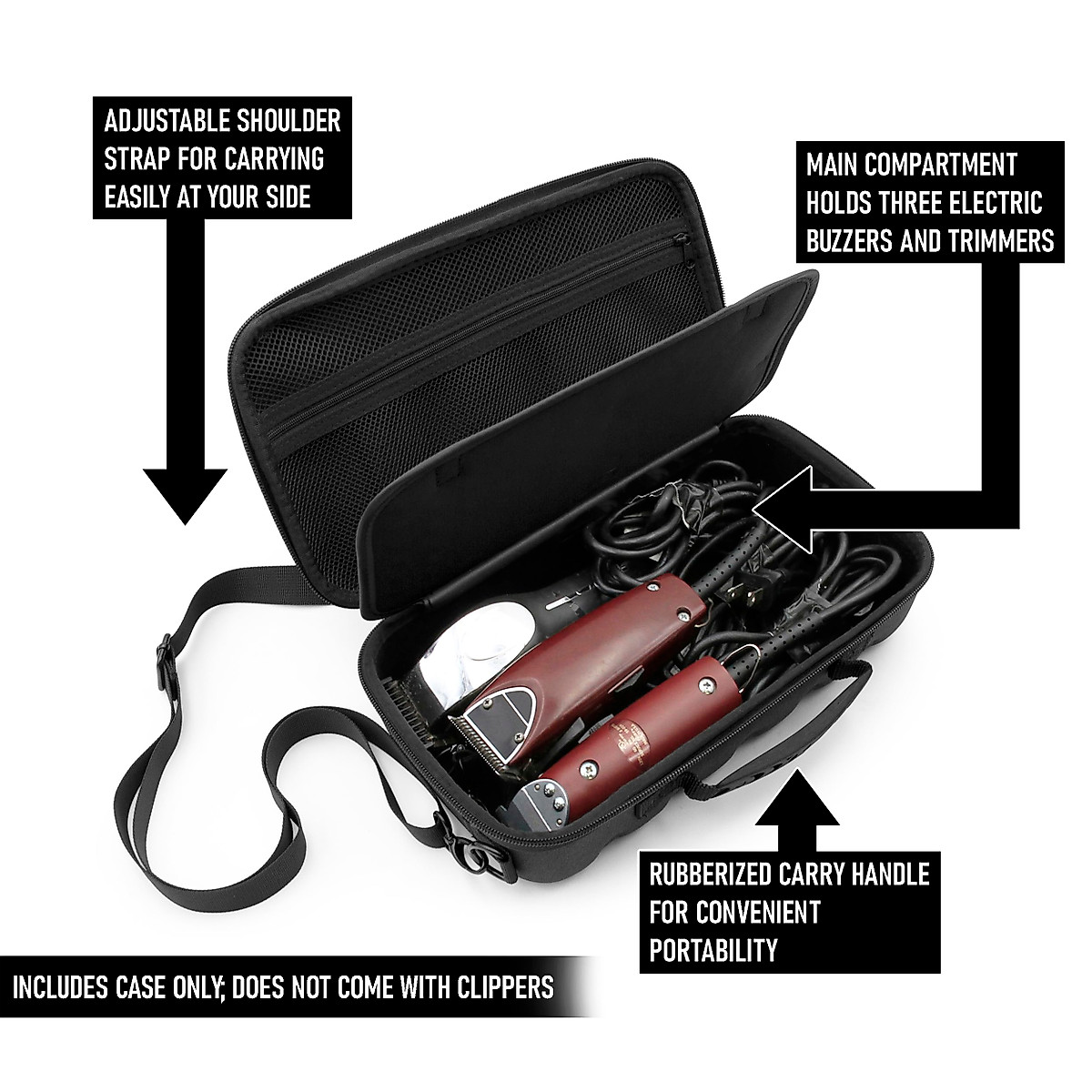 CASEMATIX Hair Clipper Barber Case Holds Three Electric Clippers, Hair Buzzers, Trimmers, T Finisher Liner - Travel Case for Clippers, Stylist and Hair Cutting Supplies