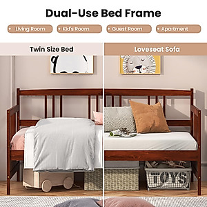 Giantex Twin Daybed Frame, Wooden Sofa Bed Guest Bed with Rails & Wood Slat Support, Dual-use Twin Size Platform Bed Frame for Living Room Bedroom, No Box Spring Needed, Cherry