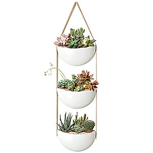 Mkono Ceramic Wall Planter 3 Tier Hanging Succulent Herb Planter for Indoor Plants, 7 Inch Half Moon Flower Pot with Leather Strap Modern Vertical Garden for Air Plants Live or Faux Plants Home Decor