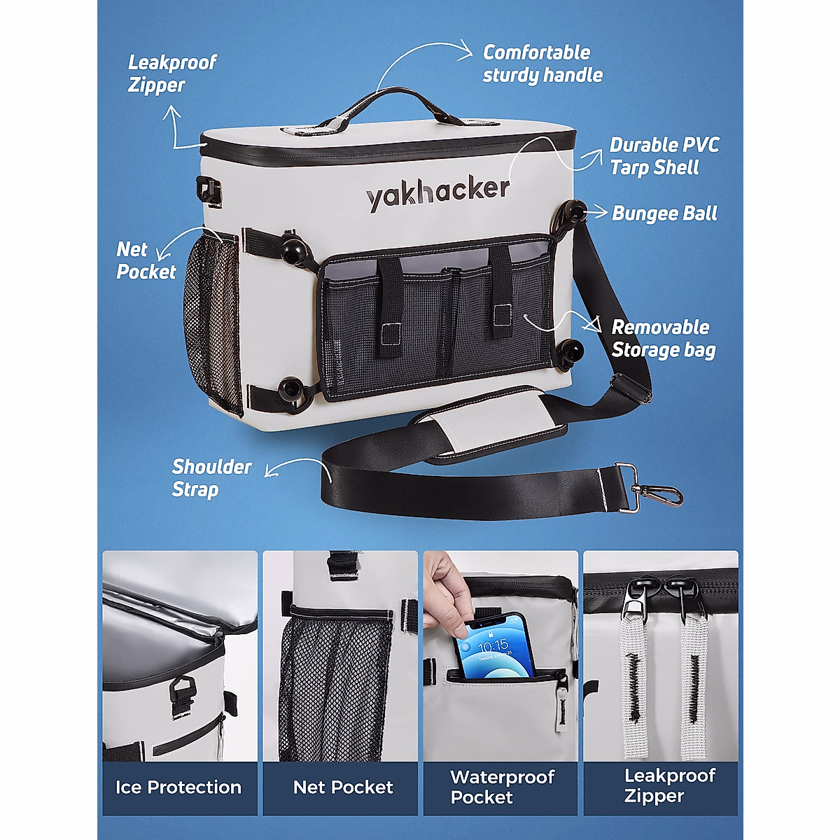 Yakhacker Kayak Cooler, Waterproof Seat Back Cooler with Lawn-Chair Style Seats, Kayak Accessories Bag, Portable Ice Chest Cooler for Kayaking, Travel, Lunch, Beaches &Trips (Silver)