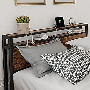 LIKIMIO Queen Bed Frame with Storage Headboard, Platform Bed with Drawers and Charging Station, No Box Spring Needed, Easy Assembly, Vintage Brown