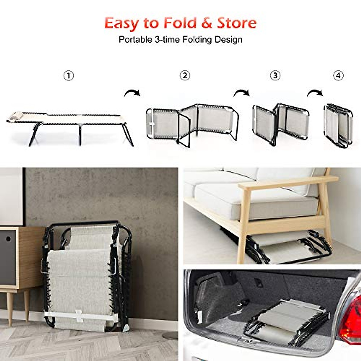 Goplus Beach Lounge Chair, Folding Chaise Lounger with Detachable Pillow & Adjustable 4-Level Backrest & 2-Level Footrest, Sun Bathing Chair for Patio Backyard Garden Outdoor