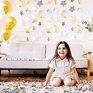Cute Small Gold Silver Star Moon Garlands Glitter Twinkle Star Garlands Streamer for Kids Birthday/Bday Party Baby Shower Wedding Anniversary Engagement Graduation Gold Silver Party Decorations