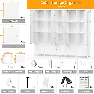 HOMIDEC Cube Storage Organizer, Heavy Duty Portable Closet Wardrobe with Door, 58in Large Closet Organizers and Storage with Hanging Rod for Clothes Yarns Toys Books Tools(20 cube white)