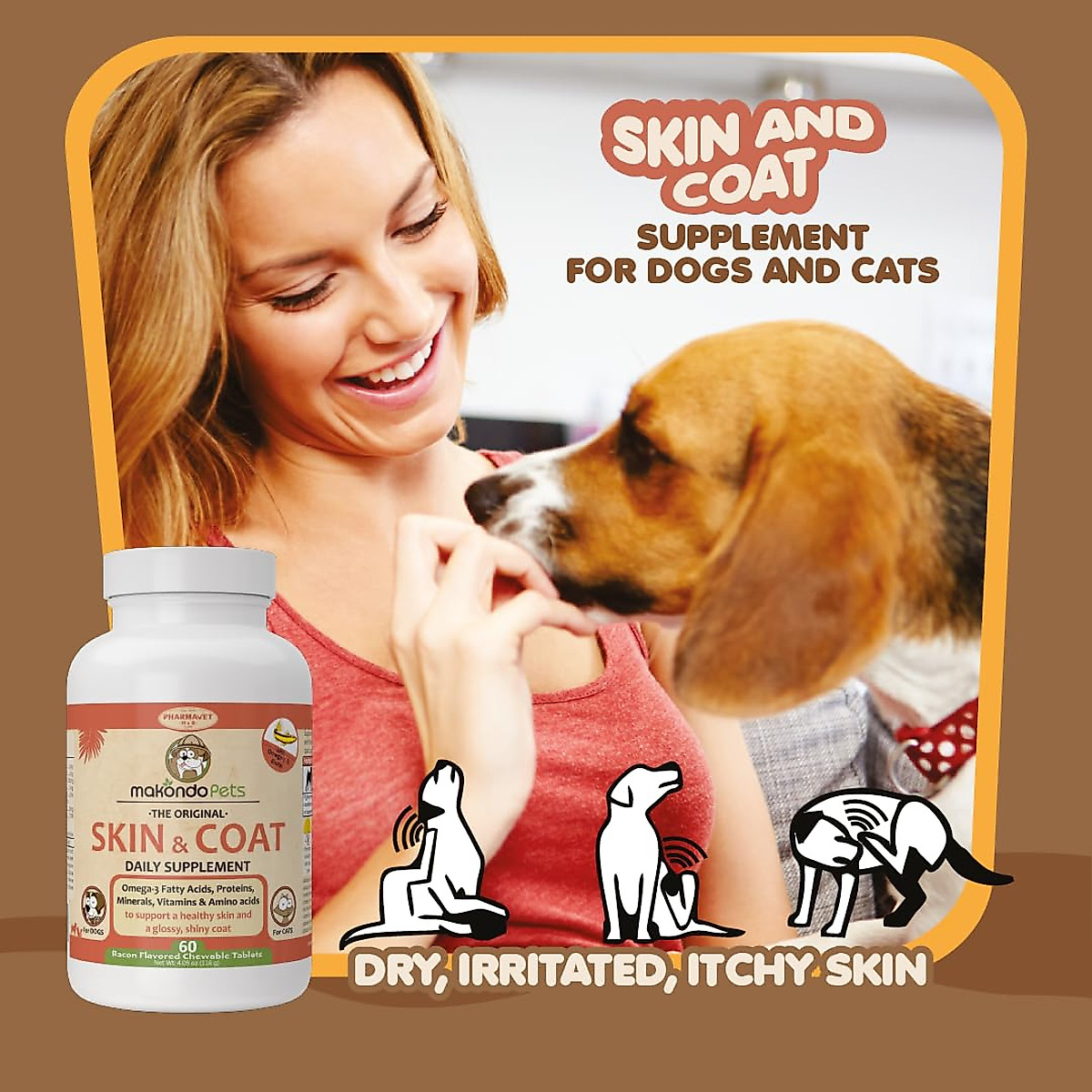 Skin and Coat Supplement with Fish Oil and Omega 3 for Dogs and Cats - Dog Itch Relief Pet Supplement for Shedding, Dry Itchy Skin and Allergies - Dog Allergy Treatment Vitamins (60 Chewable Tablets)