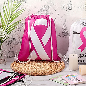 Paterr 36 Pcs Breast Cancer Awareness Drawstring Backpack 11.8'' x 9.8'' Pink Ribbon Polyester Drawstring Bags Hope Fight Sport Gym Sackpack for Women Travel Storage Accessories, White and Black
