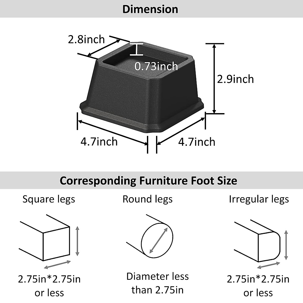 Whynonap Bed Risers 2 Inch Heavy Duty Bed Elevators, Set of 6 Lifts Up 2000 lbs Furniture Riser for Sofa and Table, Black