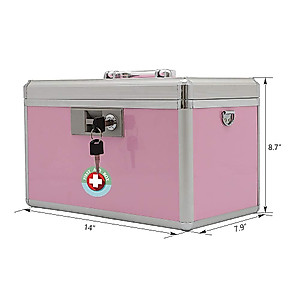 xydstay Medicine Lock Box, First Aid Safe Medication Storage Box,Layered Aluminum Daily Medicine Cabinet,Large Capacity Locking Medicine Storage Box for Family Use,14" x 7.9" x 8.7", Pink