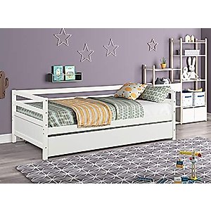 Hanway Twin Daybed with Trundle – Pine Wood Material Bed Frames – Elegant Furniture for Compact Rooms – Bedroom Accessories Ideal for Small Living Spaces – Classic White Paint Coating