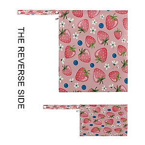 Kigai 2pcs Wet Dry Bags for Baby Cloth Diapers Strawberry Pattern Waterproof Reusable Wet Bag with Two Zippered Pockets Swimsuits & Wet Clothes Organizer for Travel Beach Pool Daycare Yoga Gym