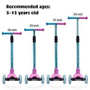 WV WONDER VIEW 3 Wheel Scooter for Kids, Kids Scooter with Light Up Wheels, Sturdy Deck Design, and 4 Height Adjustable Suitable for Kids Ages 3-12, Pink