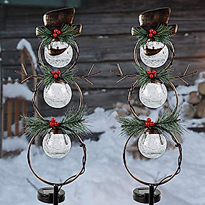 GUOOU Solar Christmas Yard Decorations, Outdoor LED Solar Powered Glass Ball Lights, Xmas Snowman Pathway Lights, Metal Solar Garden Stake Lights, Snowman Christmas Lawn Yard Ornament, Set of 2