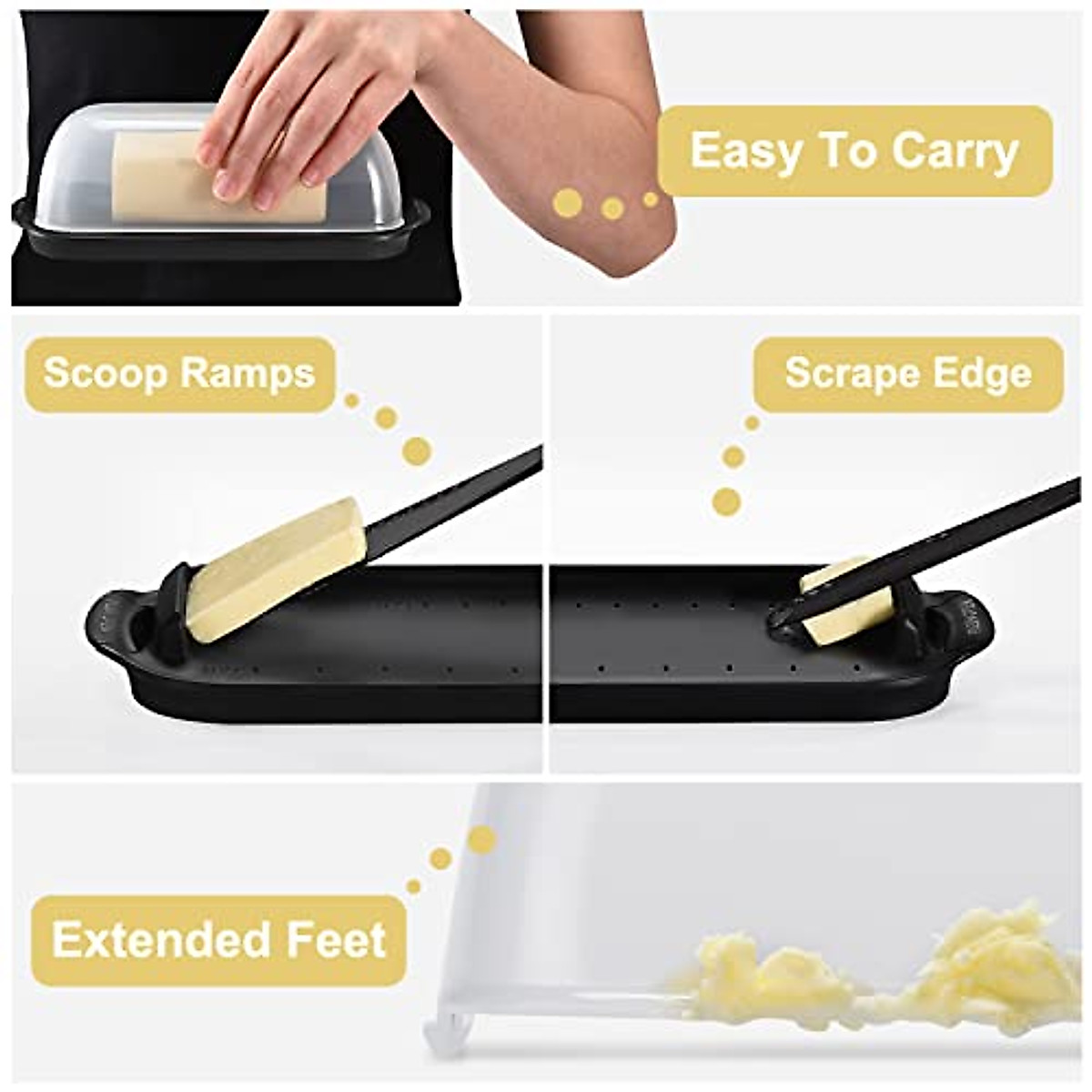 AONCO Butter Dish, Butter Container Holds with Clear Lid for Countertop, Unbreakable Butter Keeper for Home Kitchen Decor, Perfect for East/West Coast Butter, BPA-free (Black)