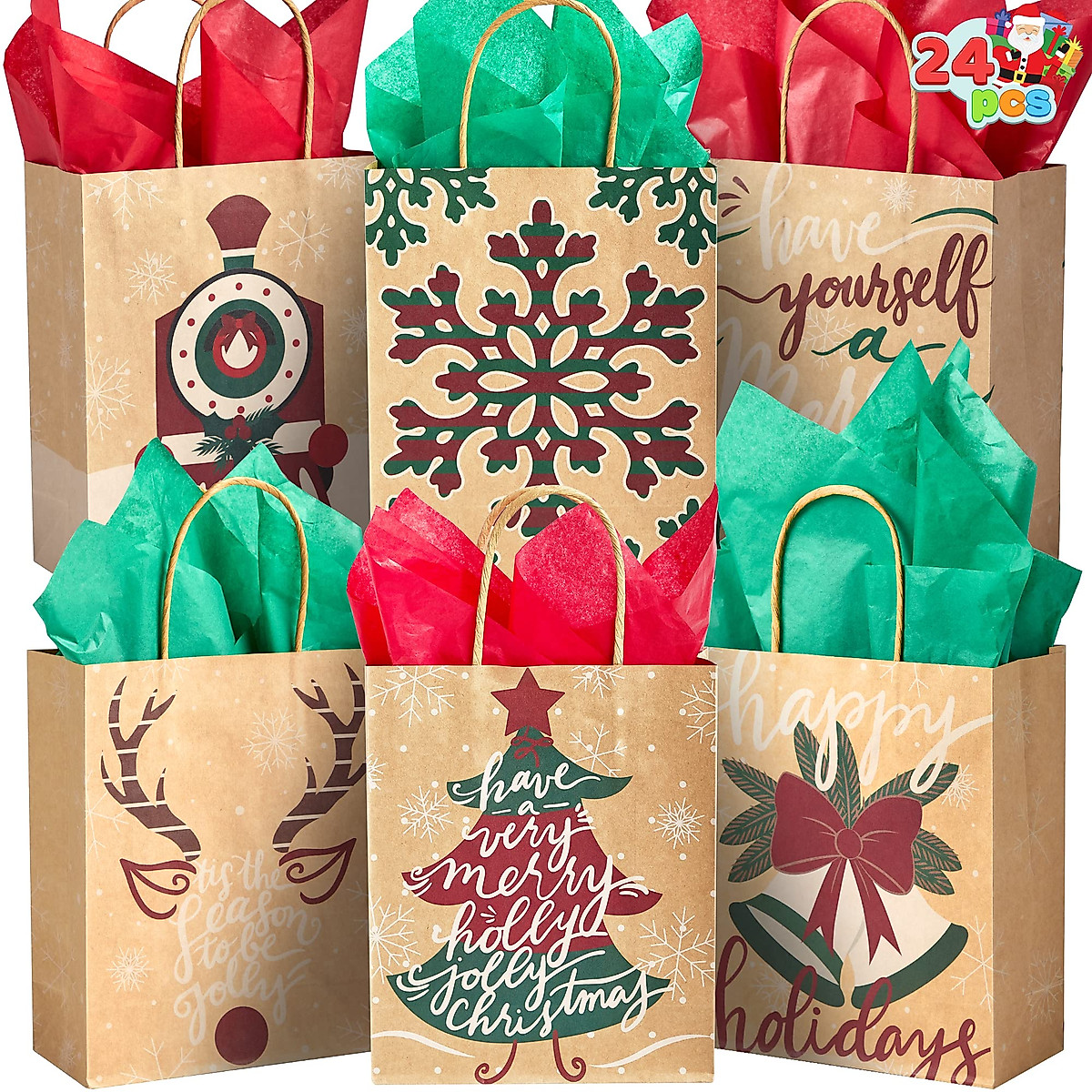 JOYIN 24 PCS Christmas Kraft Bags, Paper Gift Bags with Christmas Characters for Xmas Party Favors, Goody Gift Bags, Holiday Treat Box and Presents 7.25x9x3.5 Inch (not included tissue paper)
