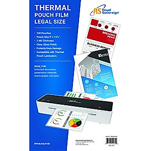 Royal Sovereign Thermal Laminating Pouches, 3 Mil, Legal Size 14.25" x 8.75 x 0.7" Inches, Clear Gloss, 100 Pouches (RF03LEGL0100), for Kids-modelUY252