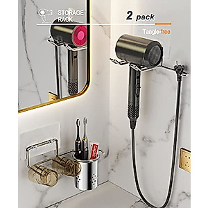 CenterZ 2 Pack Hair Dryer Holder, Self Adhesive Wall Mount Waterproof Blow Dryer Rack Storage Organizer Hanger, Compatible with Dyson and Most Hair Dryers Appliance, Brush, Curling Iron, Straightener