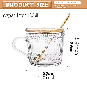 DONYU 2 Pack 14.5 oz Glass Coffee Mug with Lid,Premium Drinking Glasses Tumblers, Vintage Glassware Set for coffee, Juice, Beverages (Clear)