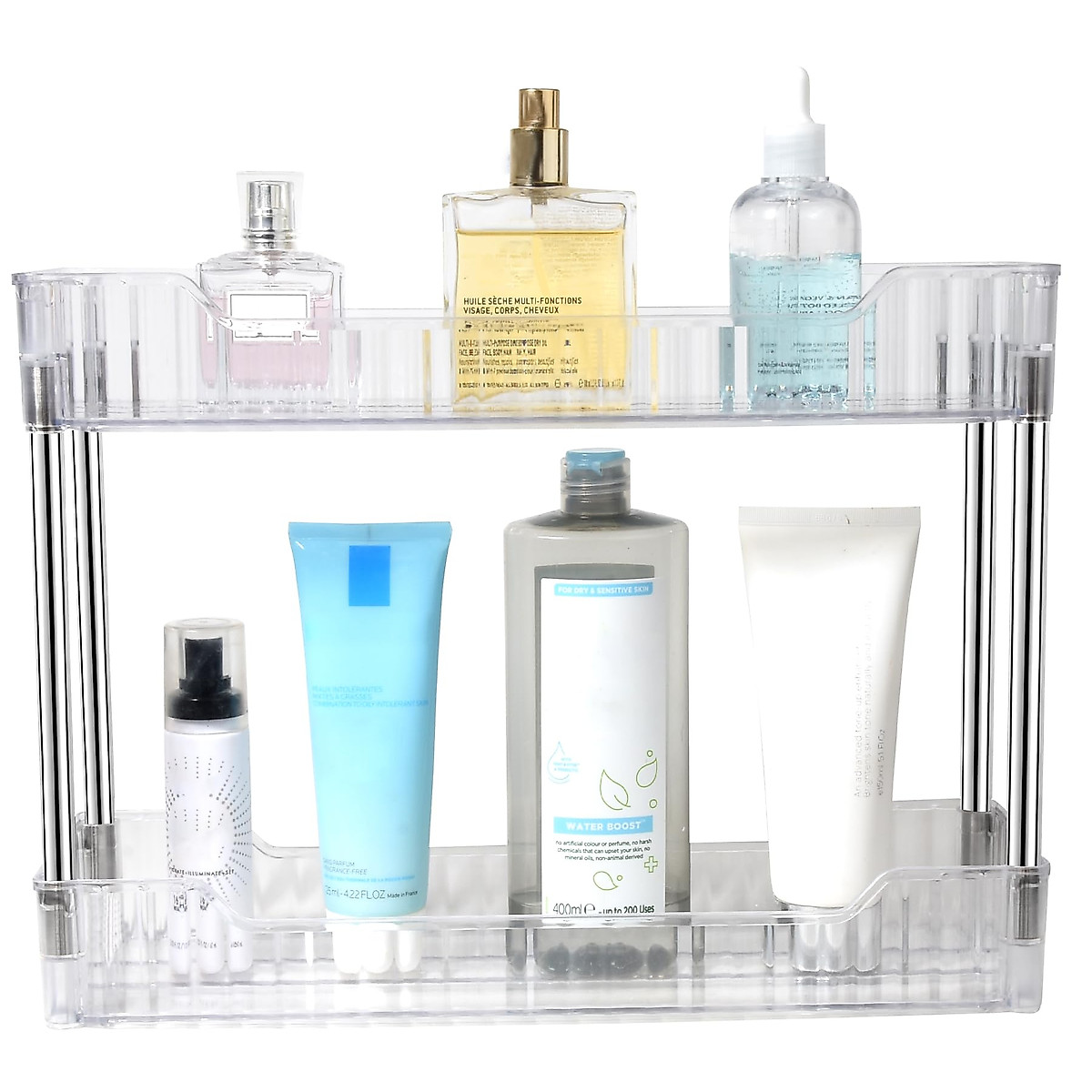 Slim 2-Tier Countertop Organizer for Bathroom Counter Shelf Skincare Organizer, Clear Acrylic Trays Shelf for Cabinet, Under Sink, Corner, Vanity Small Spaces -Toiletry, Makeup Multi-Storage