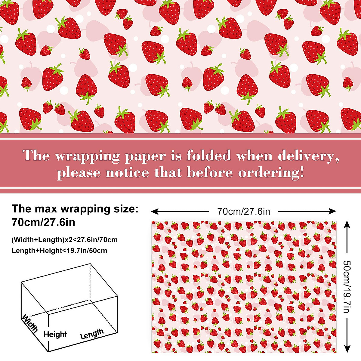 AnyDesign 8 Sheet Pink Strawberry Wrapping Paper -Not Roll- Spring Fruit Gift Wrap Paper Bulk Art Paper Folded Flat for DIY Crafts Birthday Baby Shower Party Favors Supplies, 19.7 x 27.6 Inch