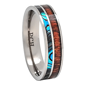 PCH Jewelers Titanium Hawaiian Koa Wood and Abalone Ring Comfort Fit 6mm Band (7.5)