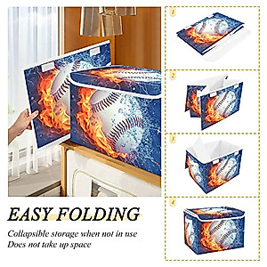 Kigai Water and Fire Baseball Storage Basket with Lid,Collapsible Storage Box Fabric Storage Bin for Closet,Office,Bedroom,Nursery