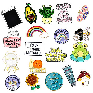 18 Pieces Positive Enamel Pins Set Cute Enamel Lapel Pins Inspirational Cartoon Brooch Pin Badges Butterfly Cat Cactus Enamel Pins with Storage Bag for Women Jeans Backpacks Jackets Hats Decor