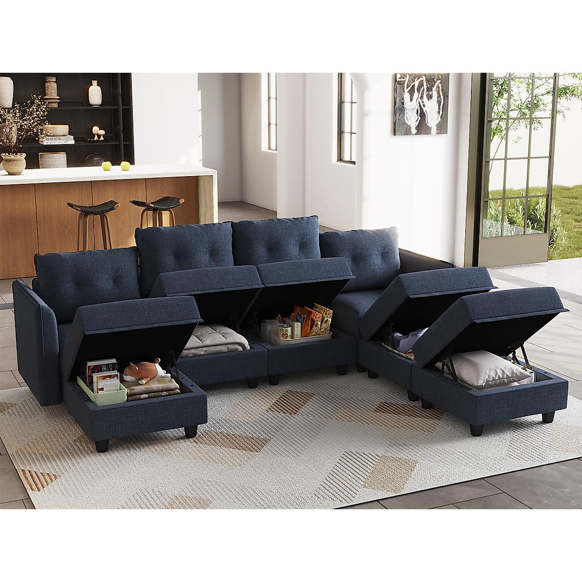LLappuil Modular Sectional Sofa with Storage U Shaped Couch with Reversible Chaise Luxury Velvet Sofas for Living Room 4 Seats with 3 Ottomans Denim Blue