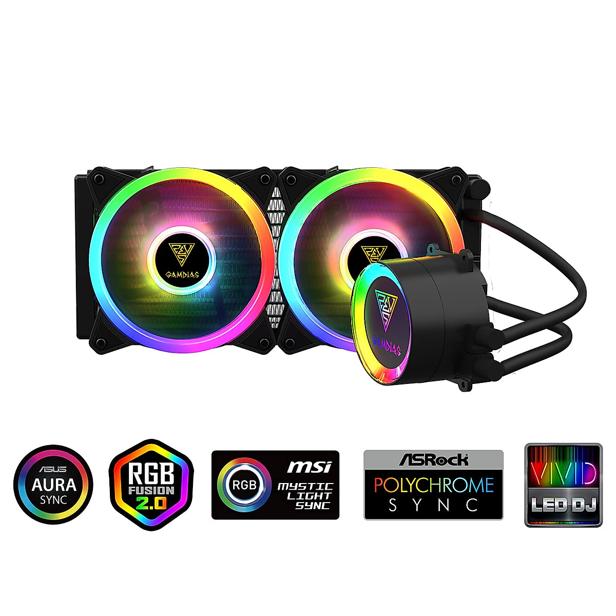 Gamdias CPU Liquid Cooler 240mm RGB for Gaming PC, Computers with 2 PWM Dual Ring RGB Fans, AIO Lighting Cooling Kit, All-in-One CPU Water Cooler with Radiator, Remote and Hub