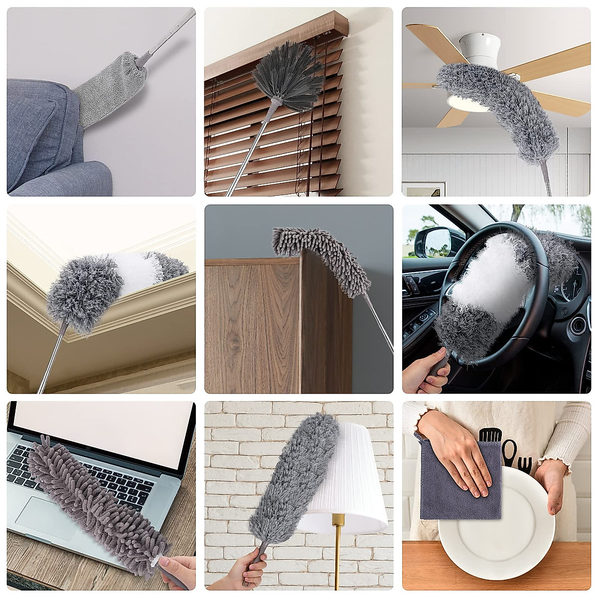 DEEHYO Microfiber Duster, 9PCS Extendable Feather Duster (Stainless Steel) 30 to 100 Inches, Reusable Bendable Dusters, Washable Dusters for Cleaning Ceiling Fan, High Ceiling, Blinds, Furniture, Cars