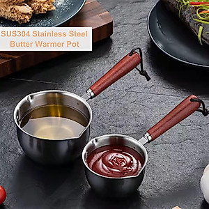 LIFTATAPA Butter Warmer Pot, Stainless Steel Milk Warmer with Wooden Handle for Seafood, Mini Butter Melting Pot Small Saucepan with Dual Pour Spouts for Stove Top Cooking(300ml)