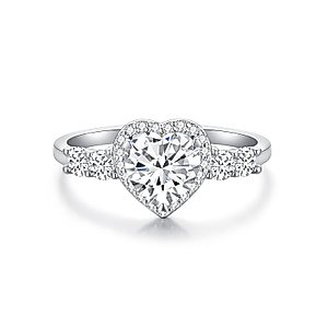 BEBEWO 1-2/5 ct.tw. Heart Cut Halo Moissanite Engagement Ring for Women in 925 Sterling Silver/10k Gold/14k Gold/18k Gold, Free Engraving Name Ring (White, Customize)
