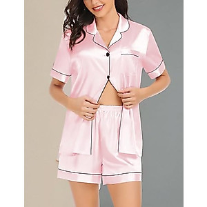 SWOMOG Women 3 PCS Silk Satin Pajama Set Short Sleeve Pjs Set Button Down Sleepwear Bridal Lounge Sets Shorts and Capri Pants Pink