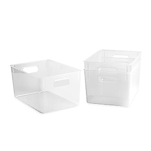 Isaac Jacobs 3-Pack Large Clear Storage Bins (11” L x 8” W x 6” H) with Cutout Handles, Plastic Organizer for Home, Office, Kitchen, Fridge/Freezer, Drawers, BPA Free, Food Safe (3-Pack, Large)