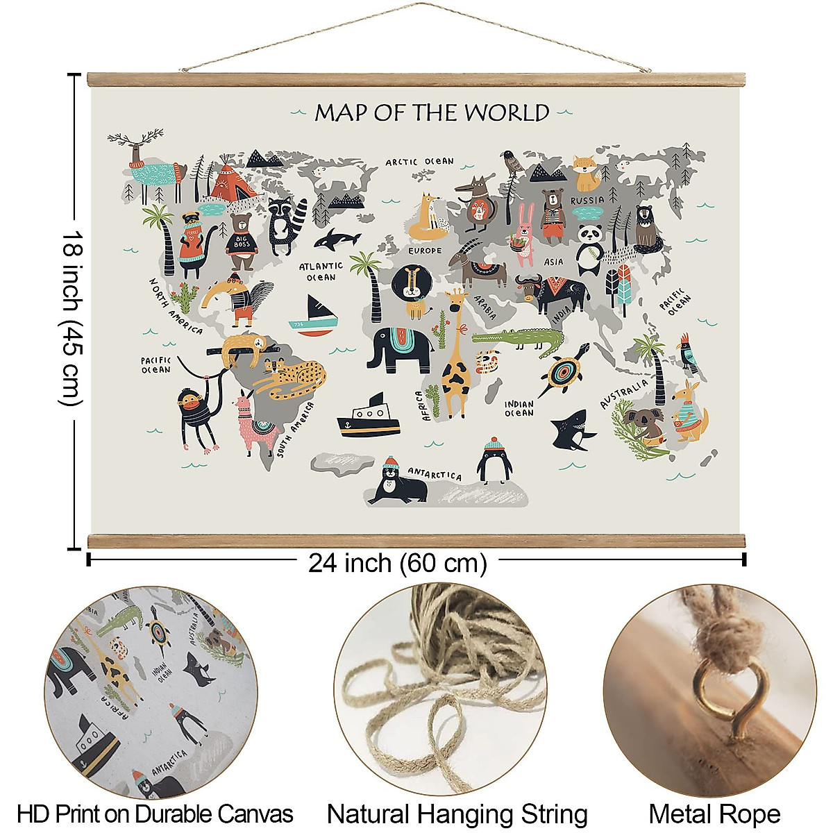 Animal World Map Hanging Canvas Wall Art , World Maps for Kids Wall, Baby Room World Map, Animals of The World Poster for Children Education, 24"x18" Ready to Hang