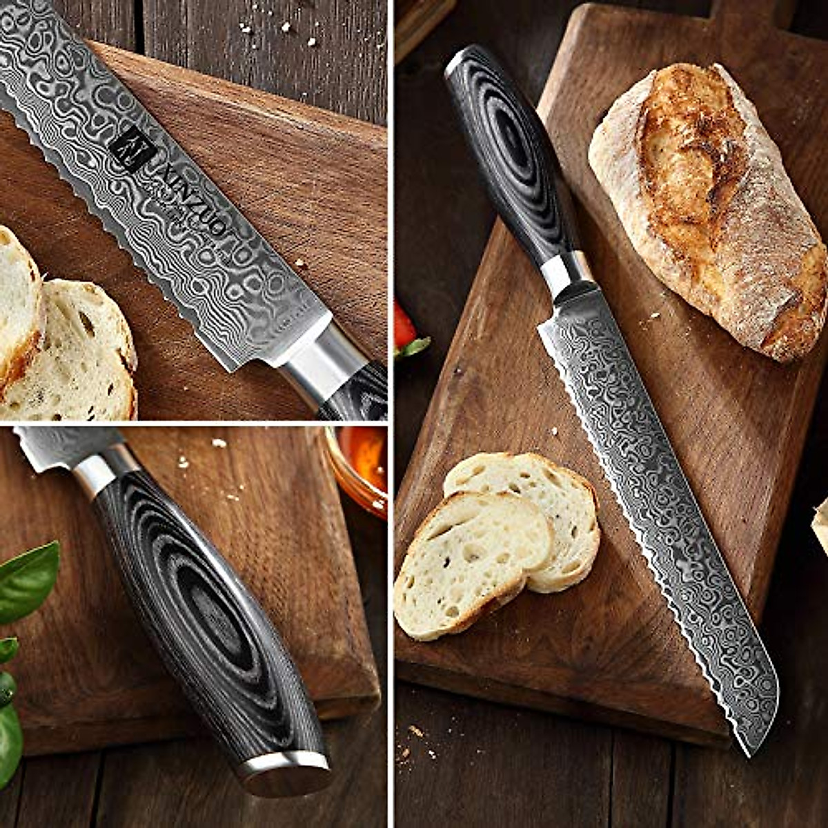 XINZUO 8 Inch Bread Knife High Carbon 67 Layer Japanese VG10 Damascus Super Steel Kitchen Knife Professional Chef's Knife with Pakkawood Handle - Ya Series