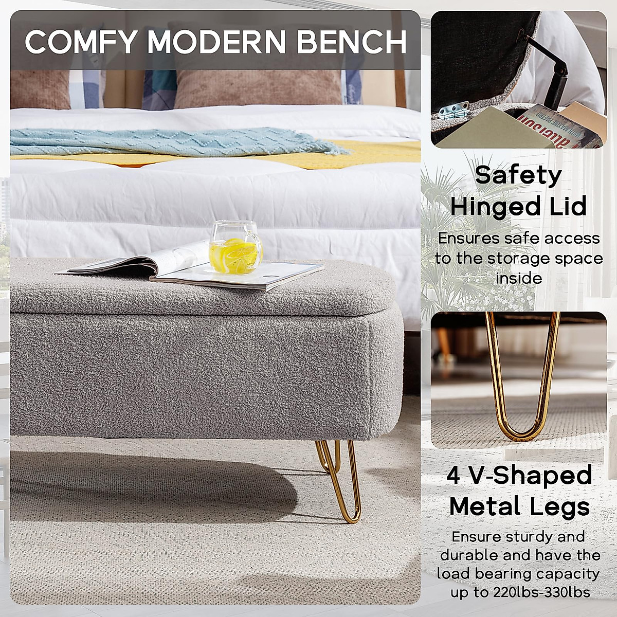 NIOIIKIT Storage Ottoman Bench, Comfy Faux Fur Upholstered Entryway Bench with Metal Legs, Bedroom Bench with Flip Top, Footrest Shoe Bench for Living Room, Bedroom (Grey)