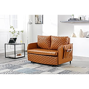 VKKILPEE Modern Pull Out Sofa Bed Convertible Couch Bed PU Sofa Sleeper with 2 Pillows & Side Pockets Small Full Bed Loveseat Futon Couch Sleeper with Headboard, Easy Assembly, Brown