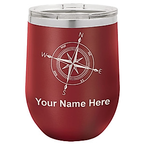 LaserGram Double Wall Stainless Steel Wine Glass Tumbler, Compass Rose, Personalized Engraving Included (Maroon)