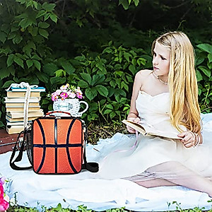 Basketball Lunch Box for Kids, Texture Ball Sport Insulated Lunch Bag for Boys Girls, Reusable Waterproof Lunch Box with Adjustable Shoulder Strap Cooler Tote Bag for School, Work, Picnic