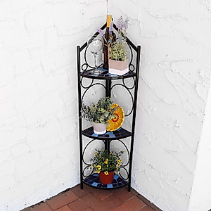 Sunnydaze 44" 3-Tier Outdoor Metal Corner Folding Mosaic Plant Stand - Blue