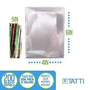 200 pack Clear Plastic Cellophane Bags 4x6 Goodie Bags Cookie bags | Candy Bags | Treat Bags with Ties | Clear Gift Bags with 4” Twist Ties!