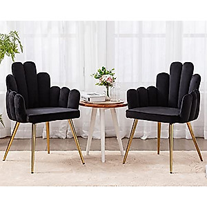 CIMOTA Black Dining Chairs Set of 2 Velvet Upholstered Comfy Living Room Chairs Modern Finger Shape Back Vanity Chair with Arms for Makeup Room/Bedroom, 2PCS