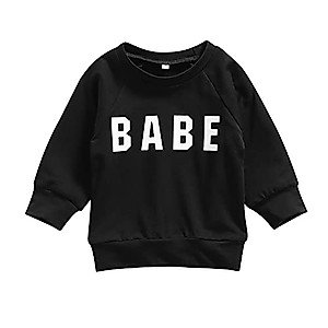 Toddler Baby Girl Boys Pullover Top Letter Babe Printed Causal Long Sleeve Sweatshirt Infant Fall Winter Clothes (Black, 12-18 Months)