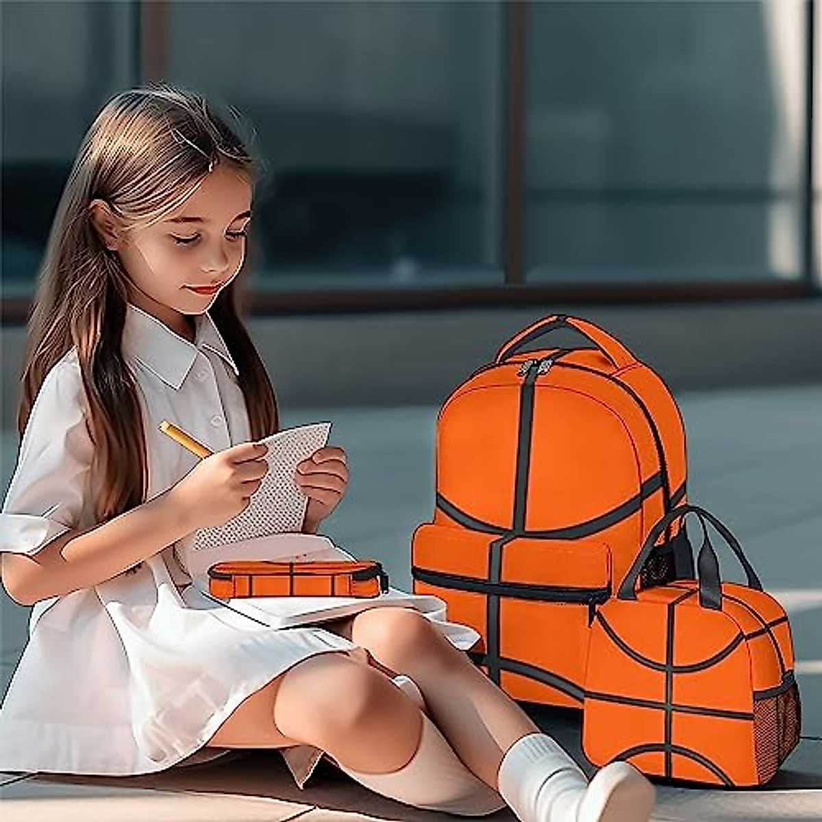 XaocNyx Basketball Backpack with Lunch Box and Pencil Case Set, 3 in 1 Matching Boys Orange Backpacks Combo, Cool Bookbag and Pencil Case Bundle