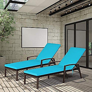 Tangkula 2 PCS Patio Rattan Chaise Lounge Chair, Outdoor Reclining Chaise with Cushion and Armrest, Wicker Sun Lounger with Adjustable Backrest for Garden, Balcony, Poolside (Turquoise)