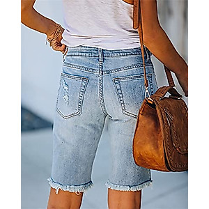 Women's Distressed Bermuda Jean Shorts Casual Summer Knee Lenght Jeans With Hole Stretchy Washed Ripped Short Denim Pants (Blue,Medium)