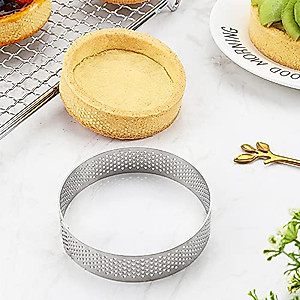 Frcctre 9 Pack Round Tart Ring, Perforated Baking Tart Rings, Stainless Steel Nonstick Round Cake Ring Mousse Rings, Metal Pastry Cake Mold, Baking Dessert Ring for Home Food Making Tool