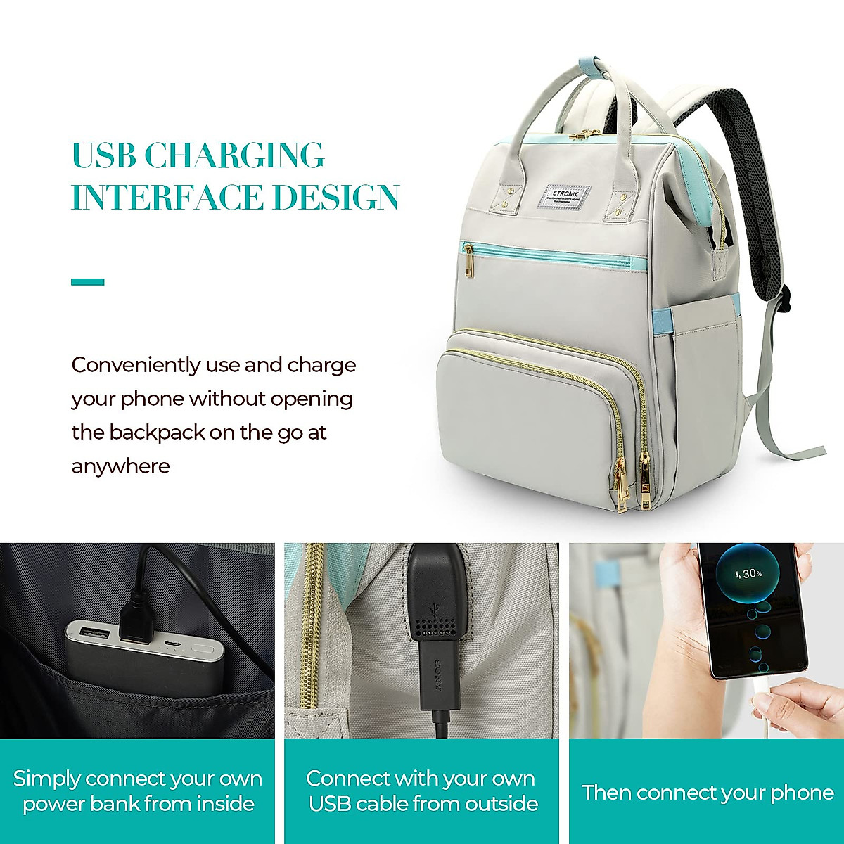 Lunch Backpack for Women, 15.6 Inch Laptop Backpack with USB Port, Stylish School Backpack Teacher Nurse Work Bag with Insulated Cooler Lunch Box for Women Men/Girls/ Business/Travel,Grey Blue