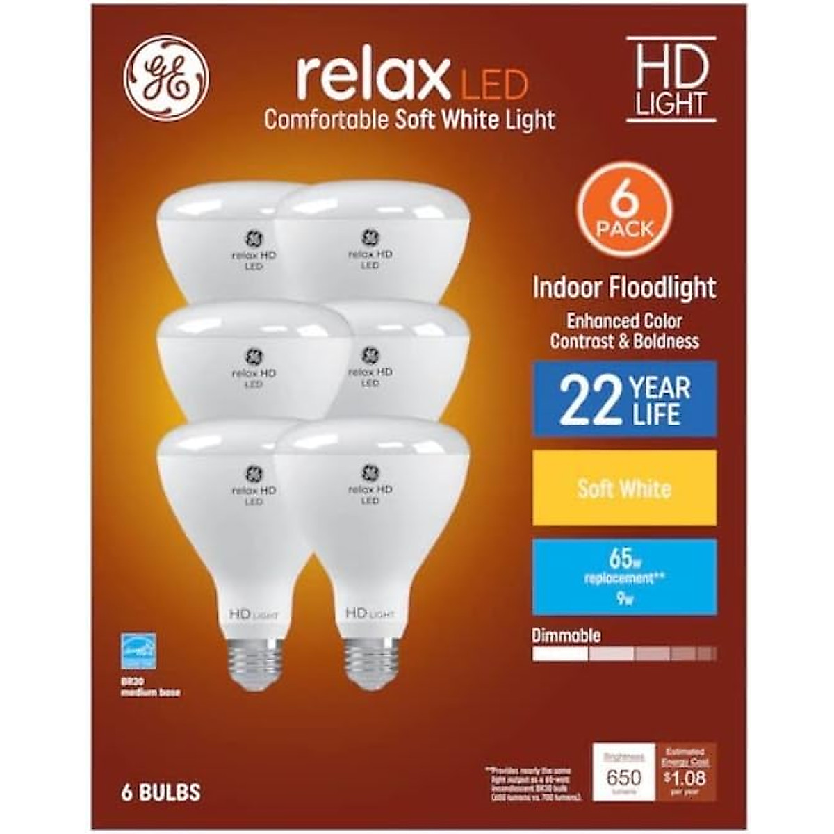GE Relax 6-Pack 65 W Equivalent Dimmable Soft White Br30 LED Light Fixture Light Bulb